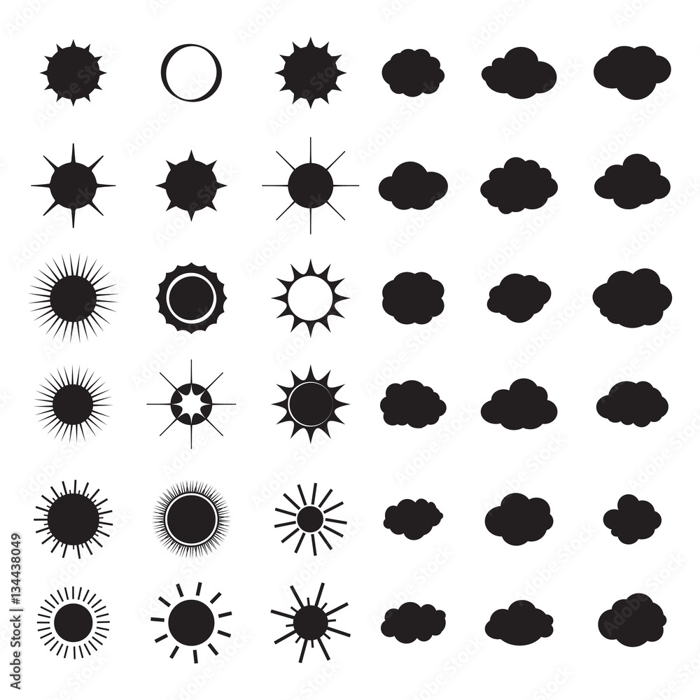 Cloud and sun vector icon set on white background. Flat illustration ...