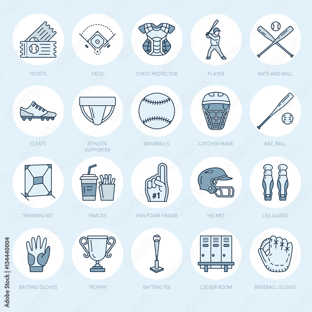Baseball, softball sport game vector line icons. Ball, bat, field ...