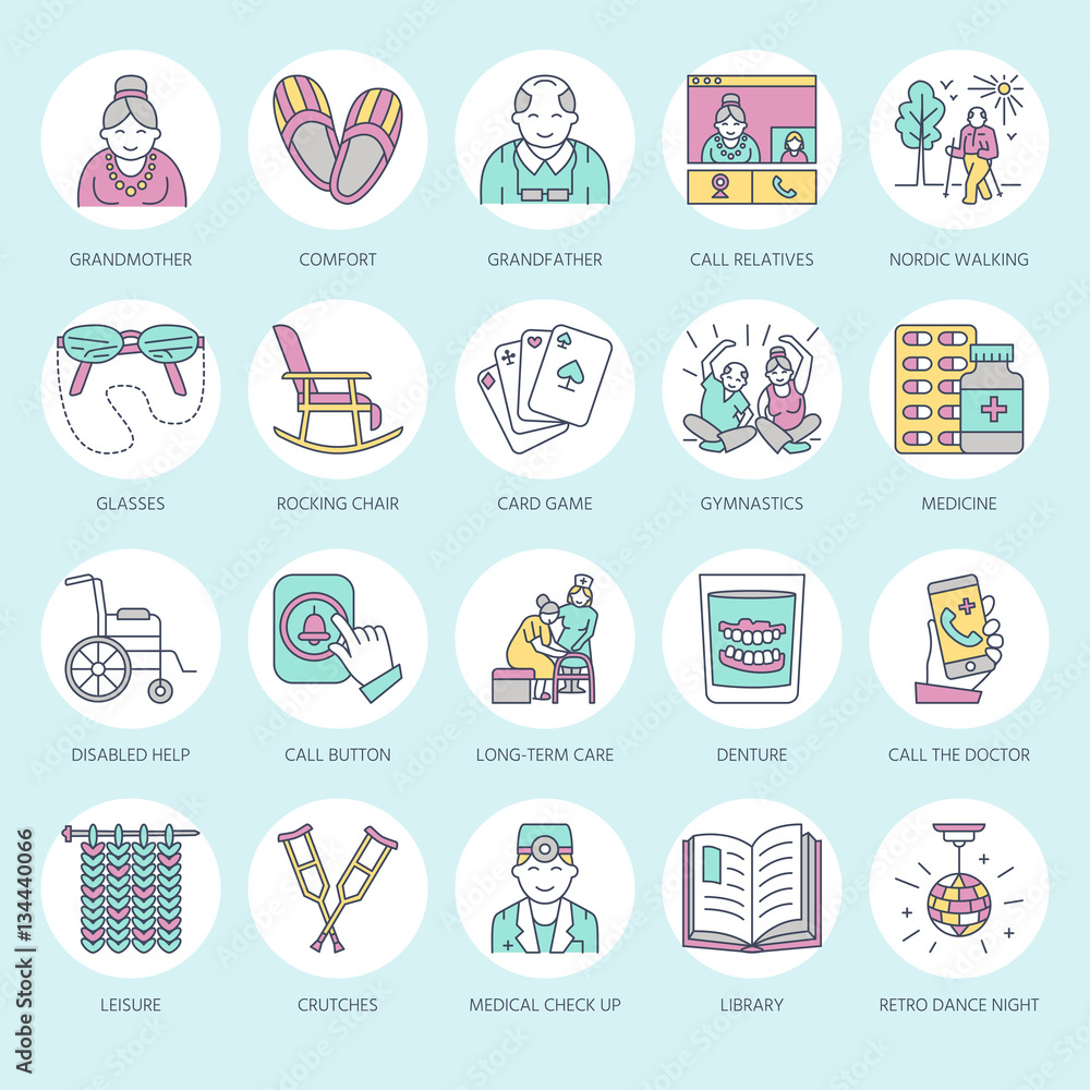 Modern vector line icon of senior and elderly care. Nursing home ...