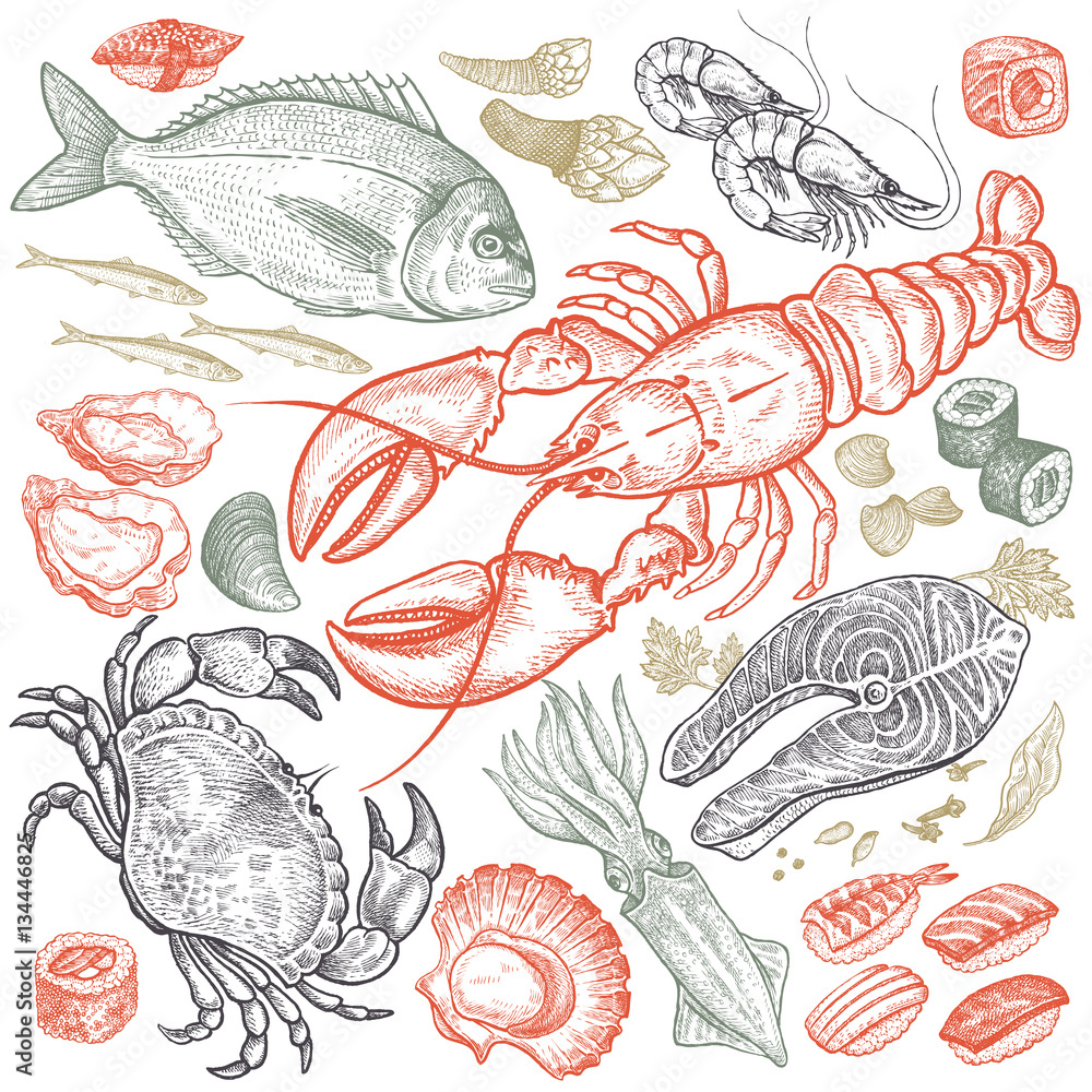 Vector set with seafood. Stock Vector | Adobe Stock