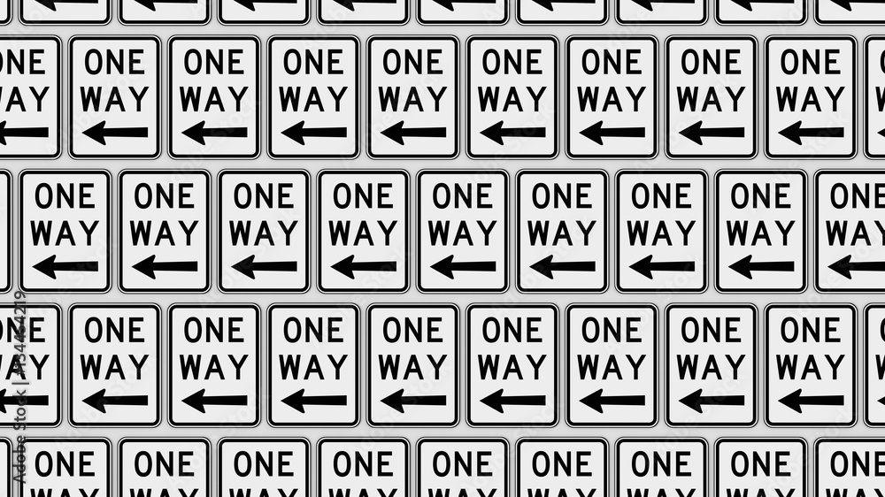 Ordered grid of left pointing one way traffic signs. This image is a 3d ...