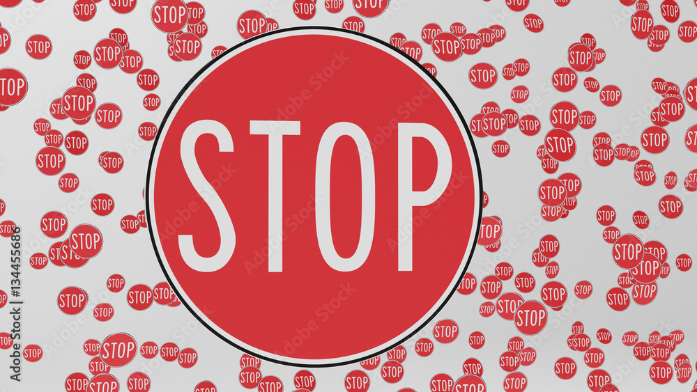 Stop traffic signs floating in empty white space. This image is a 3d ...
