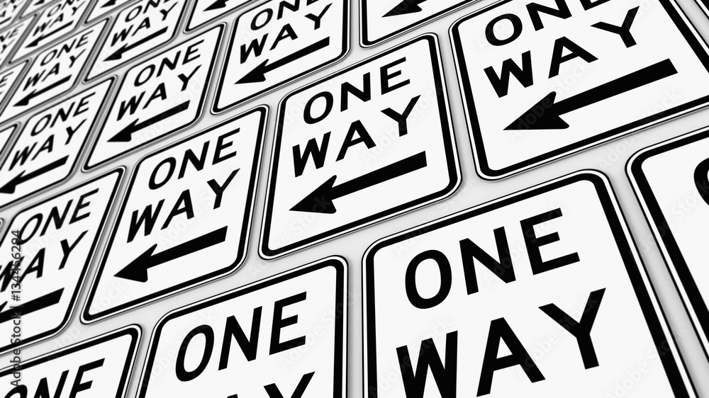 Ordered grid of left pointing one way traffic signs. This image is a 3d ...