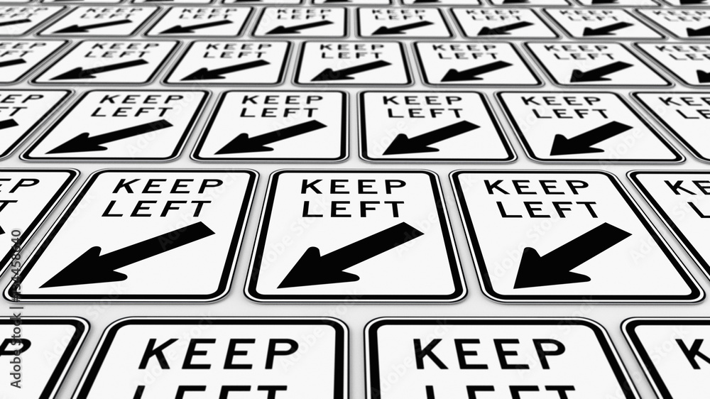 Ordered grid of keep left traffic signs. This image is a 3d ...