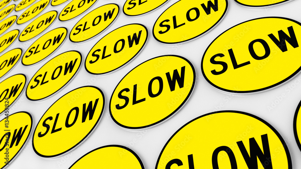Ordered array of yellow slow signs. This image is a 3d illustration ...