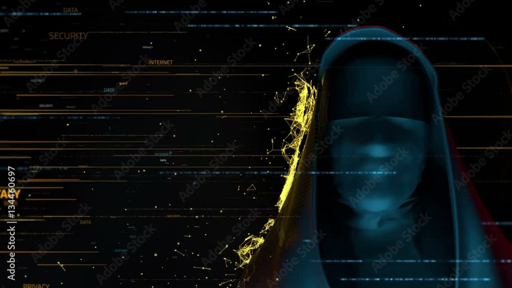 3d render computer theme background. Anonymous person with digital particles that strikes it and ...