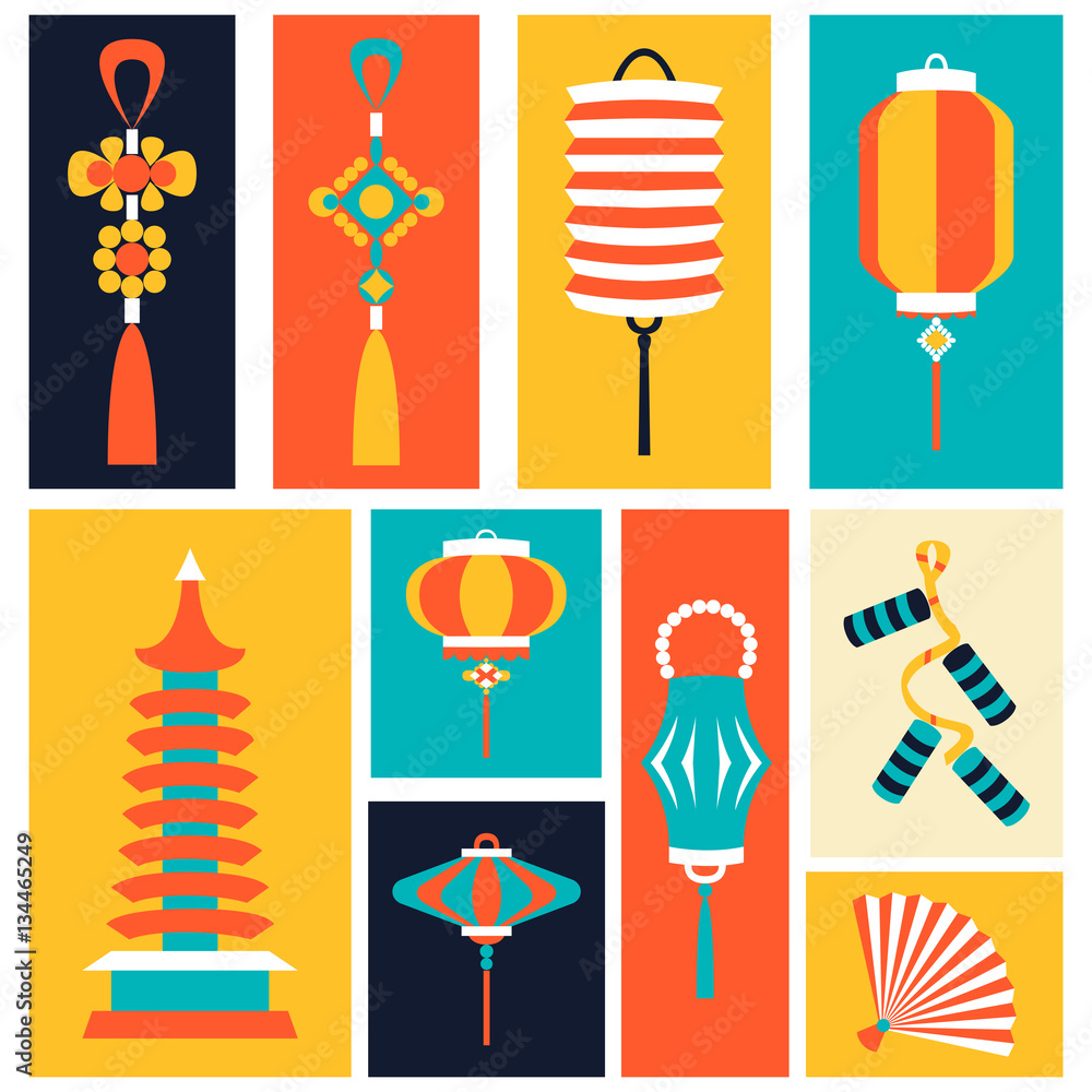 Vector illustration of Chinese Symbols and objects Stock Vector | Adobe ...