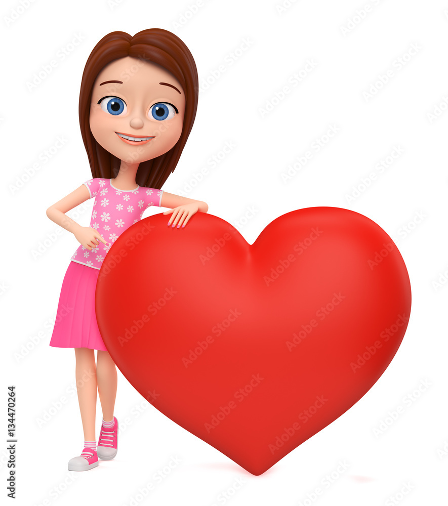 Cheerful little girl points to a heart isolated on a white backg Stock ...