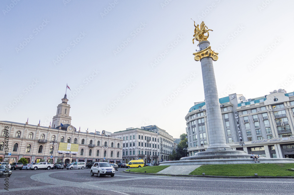 Freedom Square with Tbilisi City Hall and Monument of St. George view ...