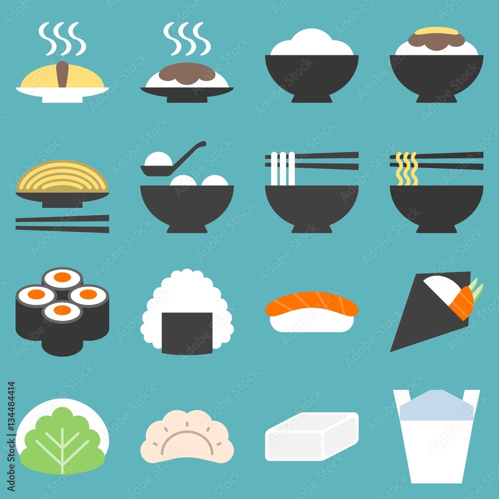 japan food icon, soba, gyoza, yakisoba, sushi, mochi, onigiri, temaki ...