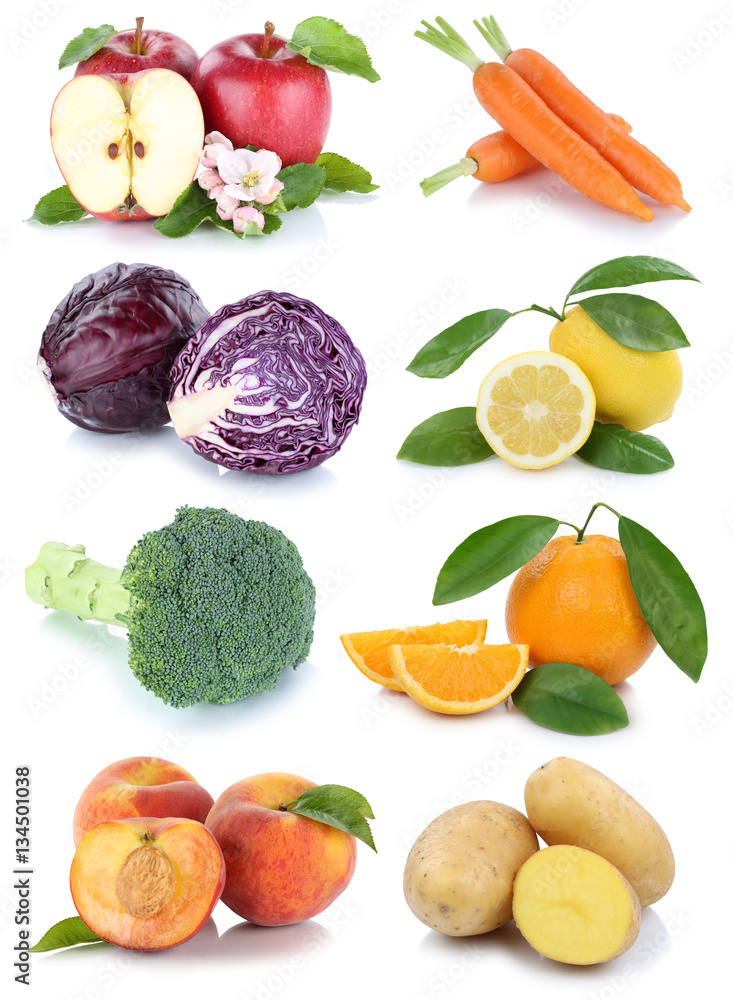 Obst und Gemüse Früchte Apfel Orange Karotten Möhren Pfirsich Stock ...