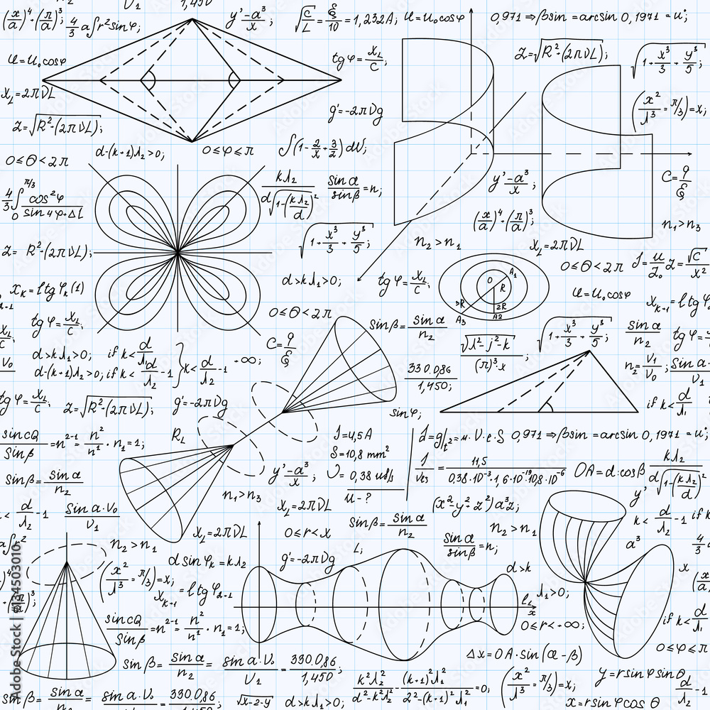 Math educational vector seamless pattern with formulas, tasks, plots ...
