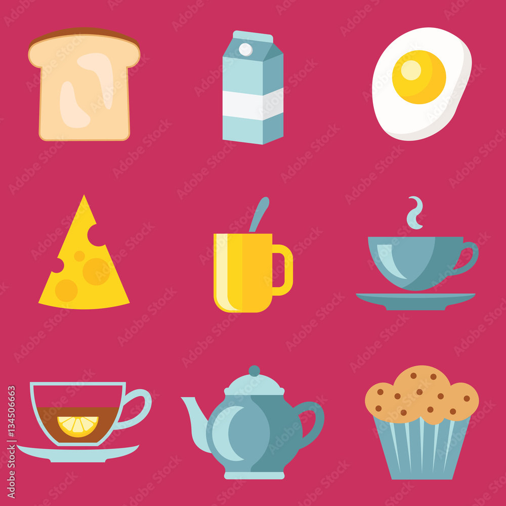 Set of breakfast food flat icons isolated on pink background. Milk, egg ...