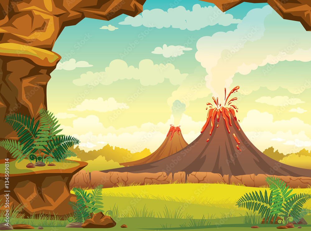 Prehistoric landscape - smoky volcanoes and cave. Stock Vector | Adobe ...