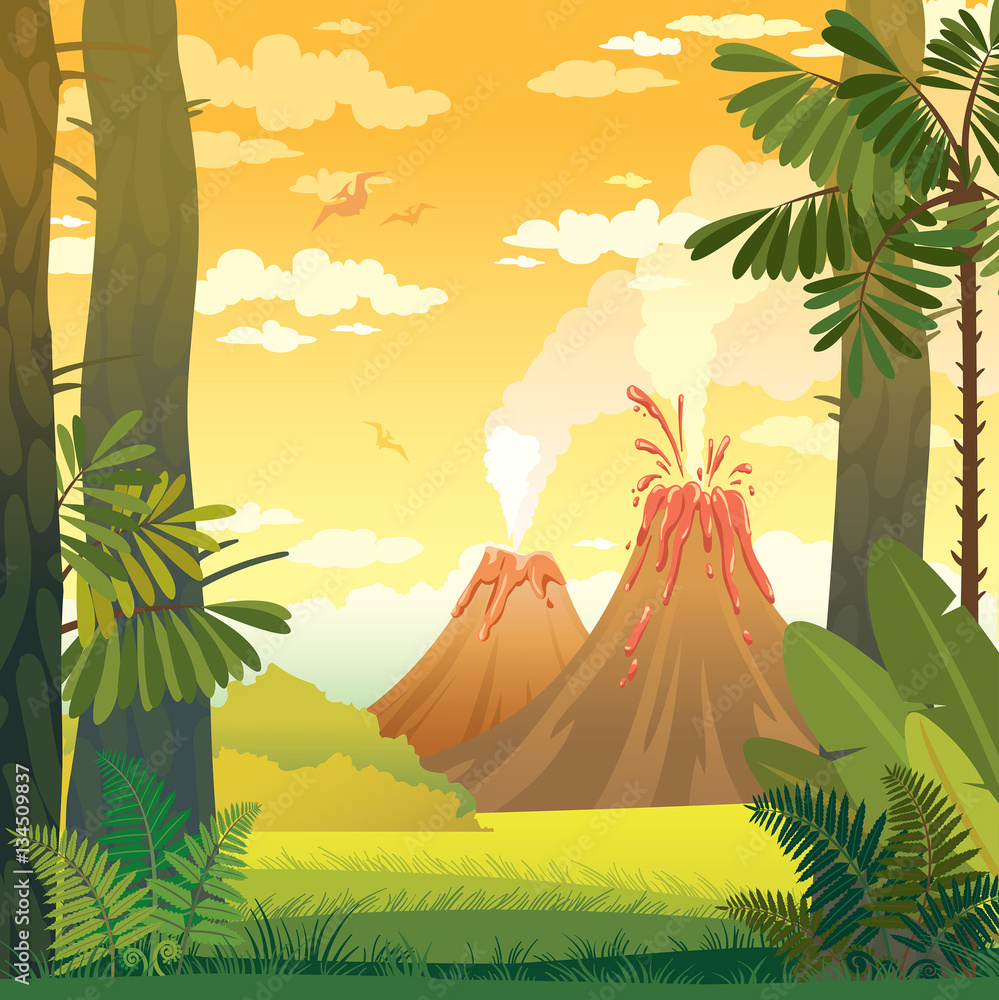 Prehistoric landscape with volcano and trees. Stock Vector | Adobe Stock