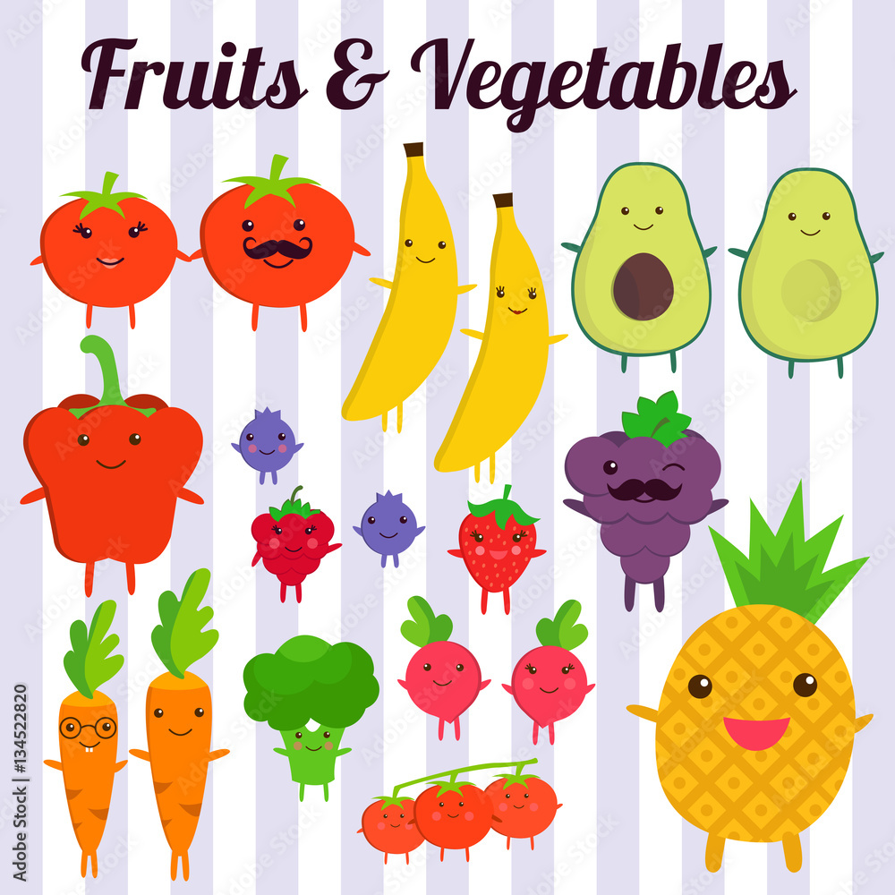 Cute kawaii smiling fruits and vegetables on blue background. Healthy ...