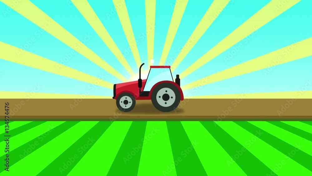 Cartoon tractor cycle animation in the farm over sunburst seamless loop ...