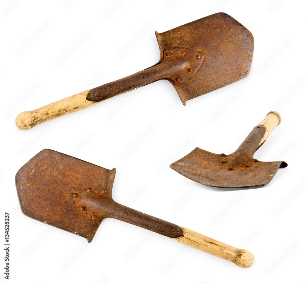 Old rusty army infantry shovel, isolated on white background Stock ...