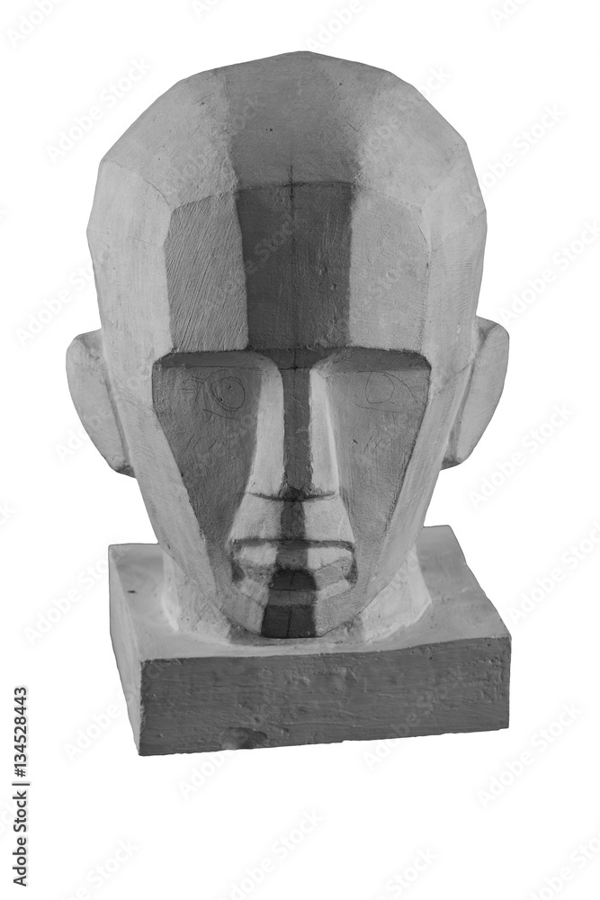 plaster statue of a human skull and head with an angular outline ...