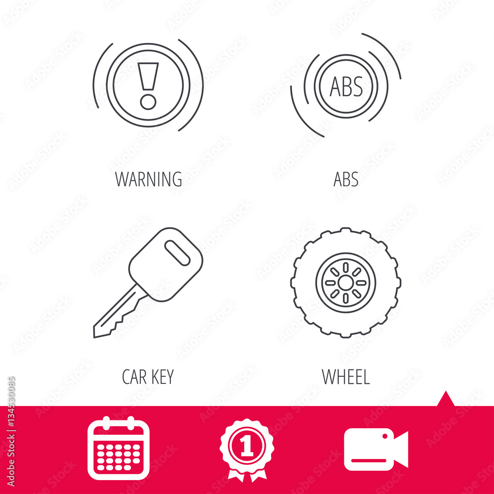 Achievement and video cam signs. Car key, abs and wheel icons. Warning ...