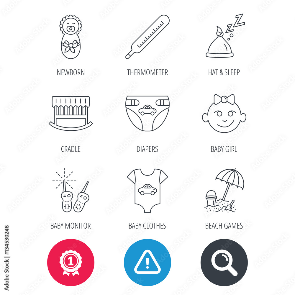 Achievement and search magnifier signs. Newborn clothes, diapers and ...