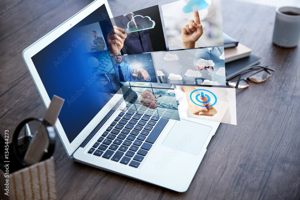 Internet and modern technology concept. Laptop on table Stock Photo ...