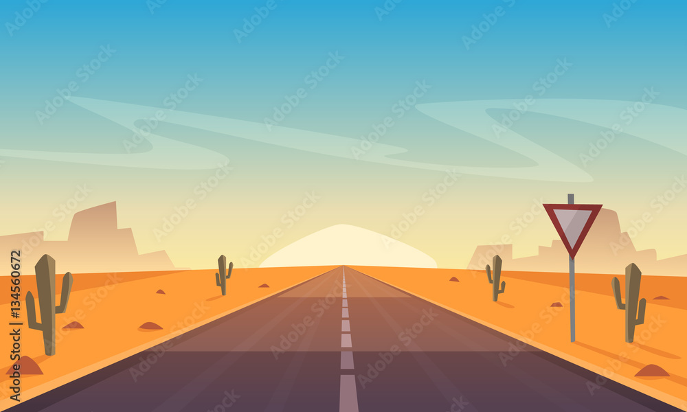 Desert landscape with asphalt road, cartoon vector illustration. Stock ...