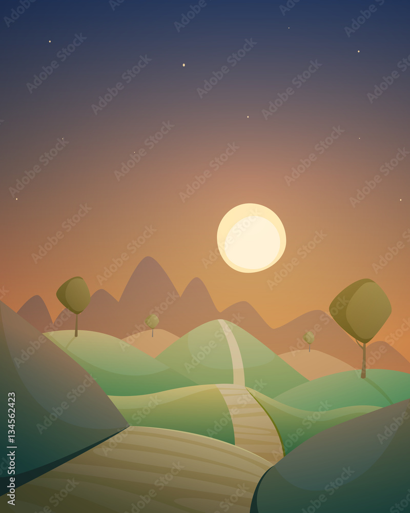 Cartoon illustration of the night countryside landscape with road and ...