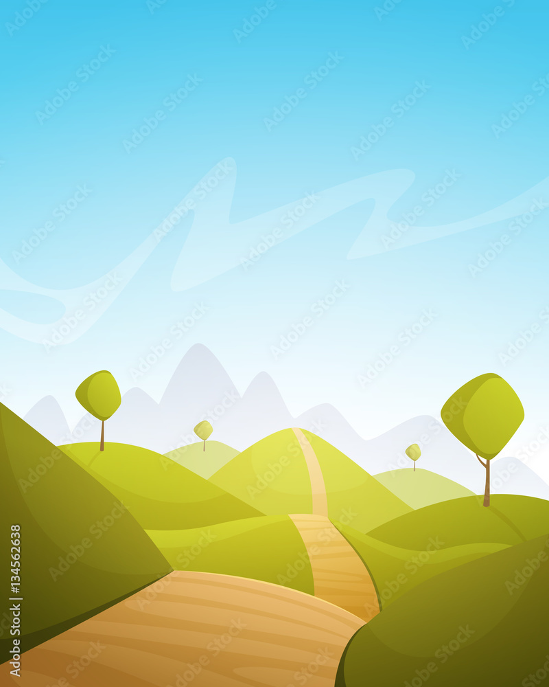 Cartoon illustration of the countryside landscape with road and trees ...