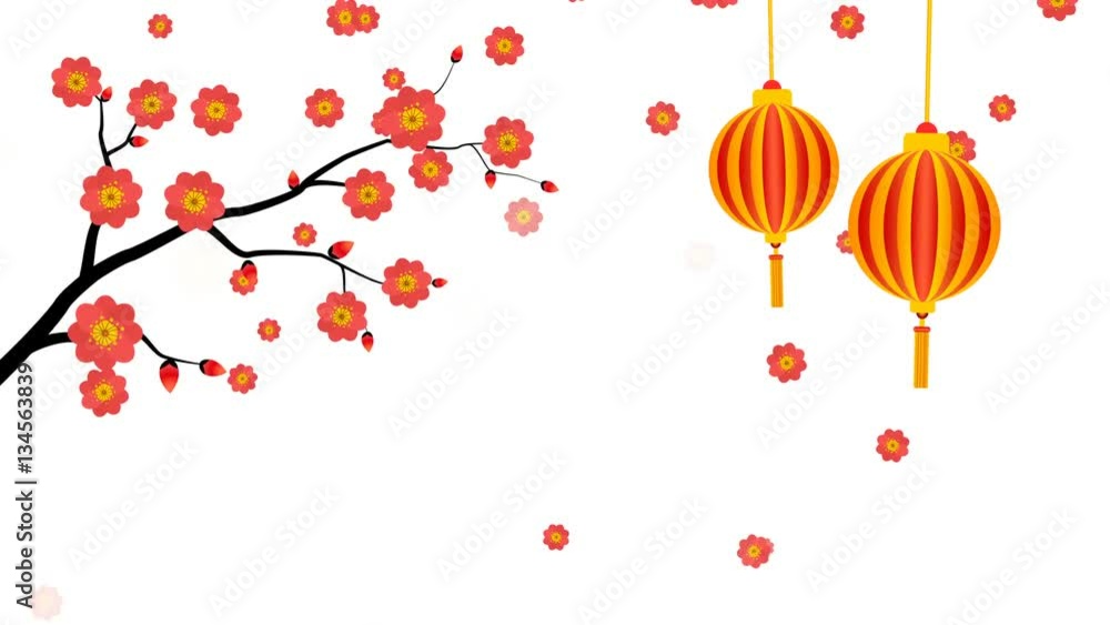 Chinese style spring themed animation with lanterns and floral branch ...