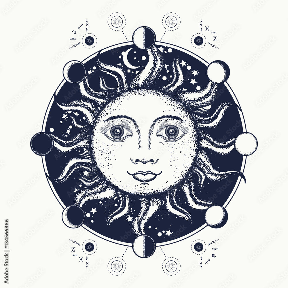 Sun tattoo art. Moon phases. Medieval alchemical symbol Stock Vector ...