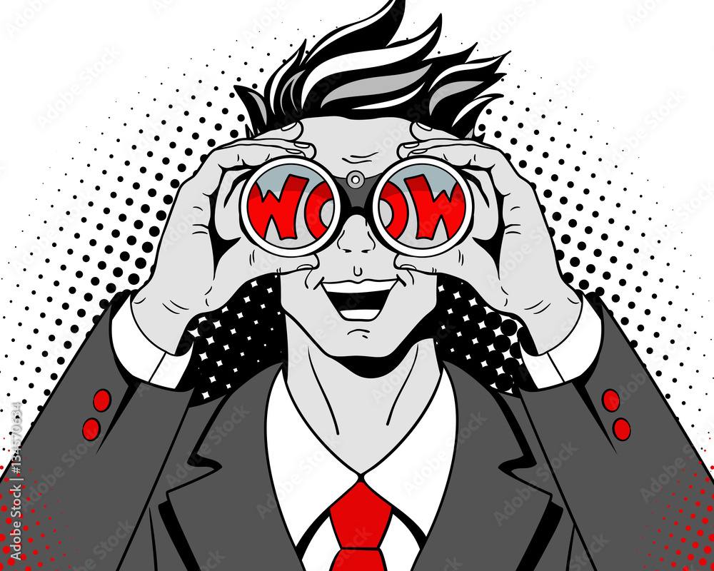 Wow pop art face. Young surprised man in suit with open mouth holding ...