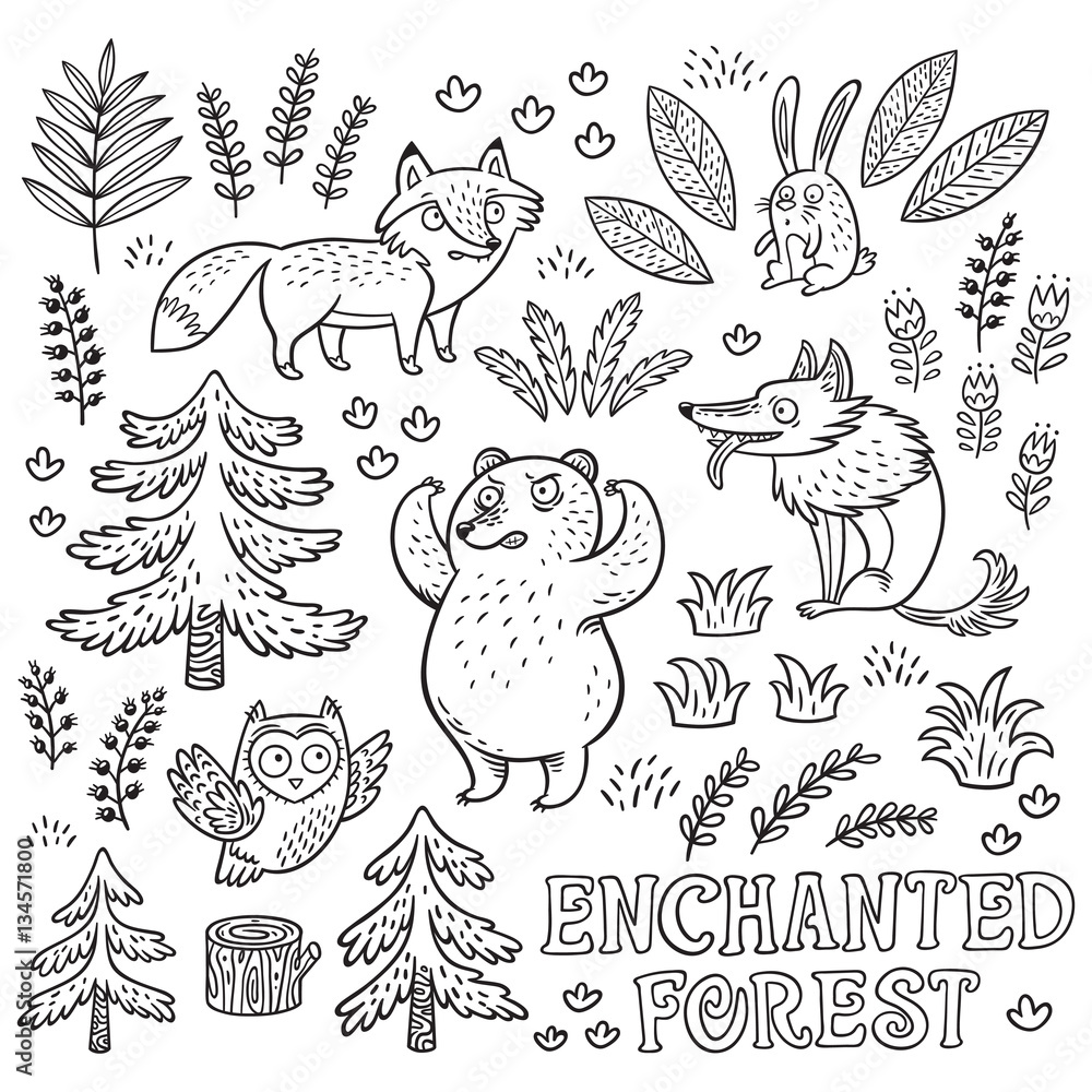 Hand drawn set with animals in outline Stock Vector | Adobe Stock