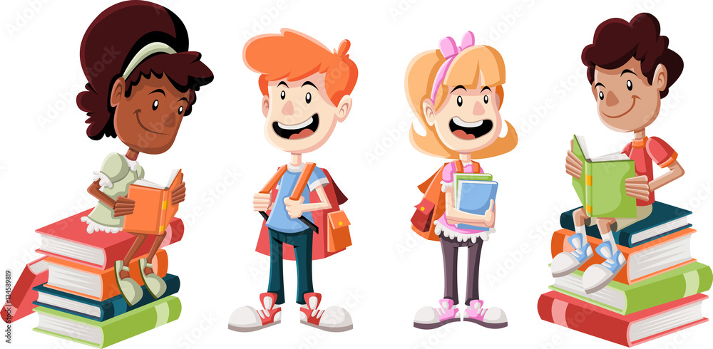 Cute cartoon children with books. Students. Stock Vector | Adobe Stock