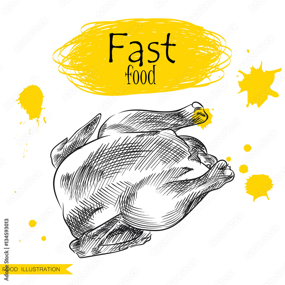 Hand drawn grilled chicken isolated on white background with yellow ...
