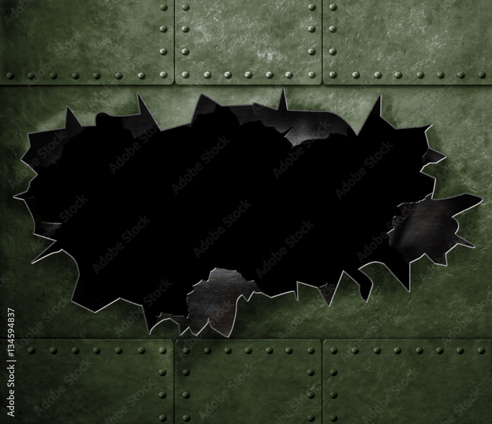 big hole in military green metal armor background Stock Illustration ...