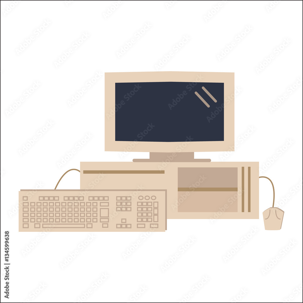 Vector illustration of old personal computer with mouse and keyboard ...