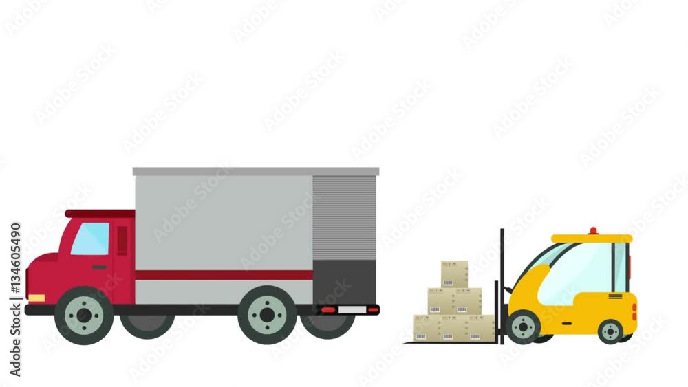 Cartoon animation of a forklift Loader load boxes into a truck over ...