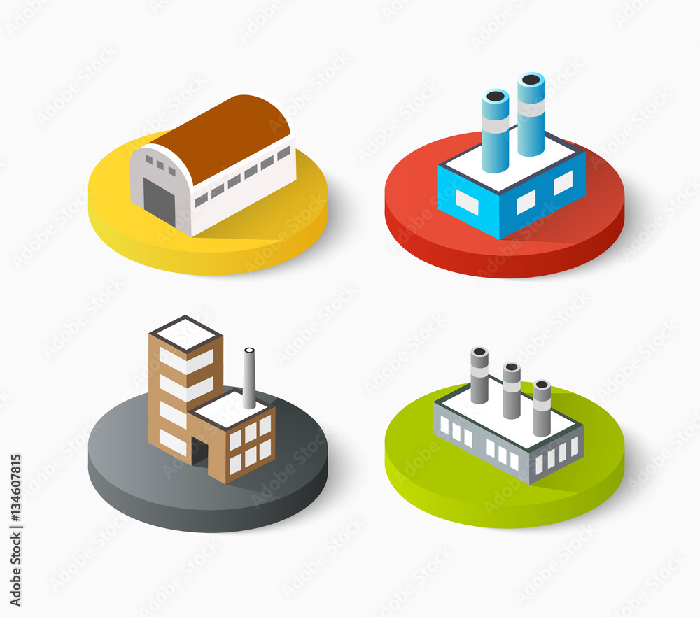 Perspective 3D view on isometric buildings factory city web icons in ...