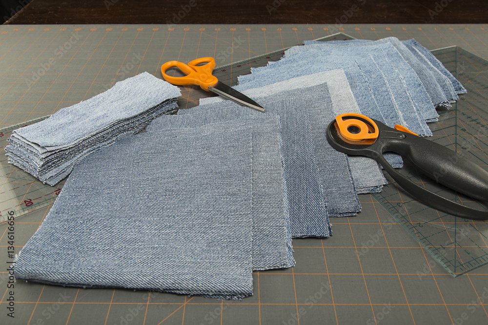 Blue Denim Scrap Quilt Pieces and blocks cut and ready to sew with a ...