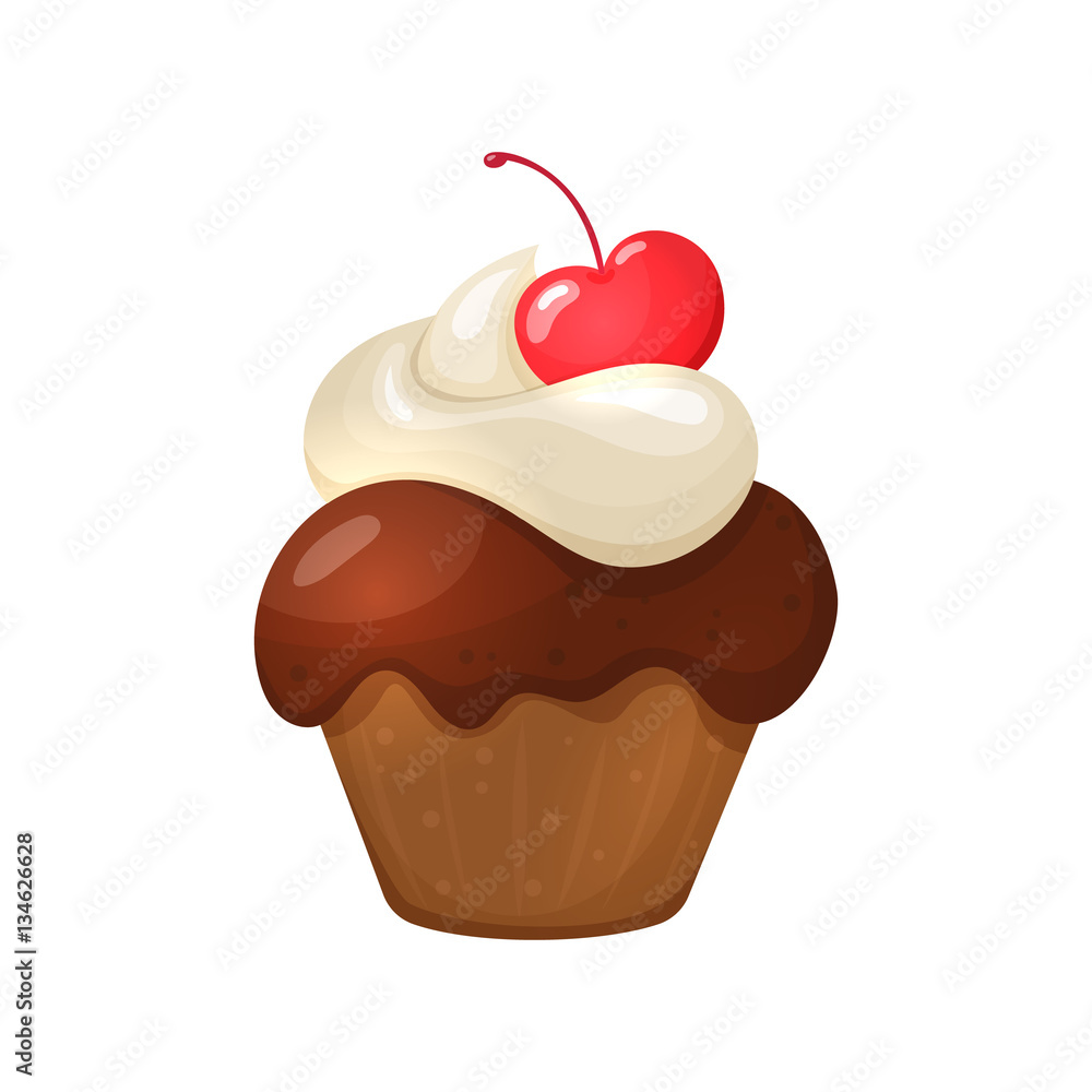Colorful cartoon illustration of cupcake with cream on white background ...