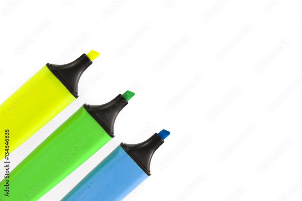 Three highlighters isolated on white background. Picture taken in ...