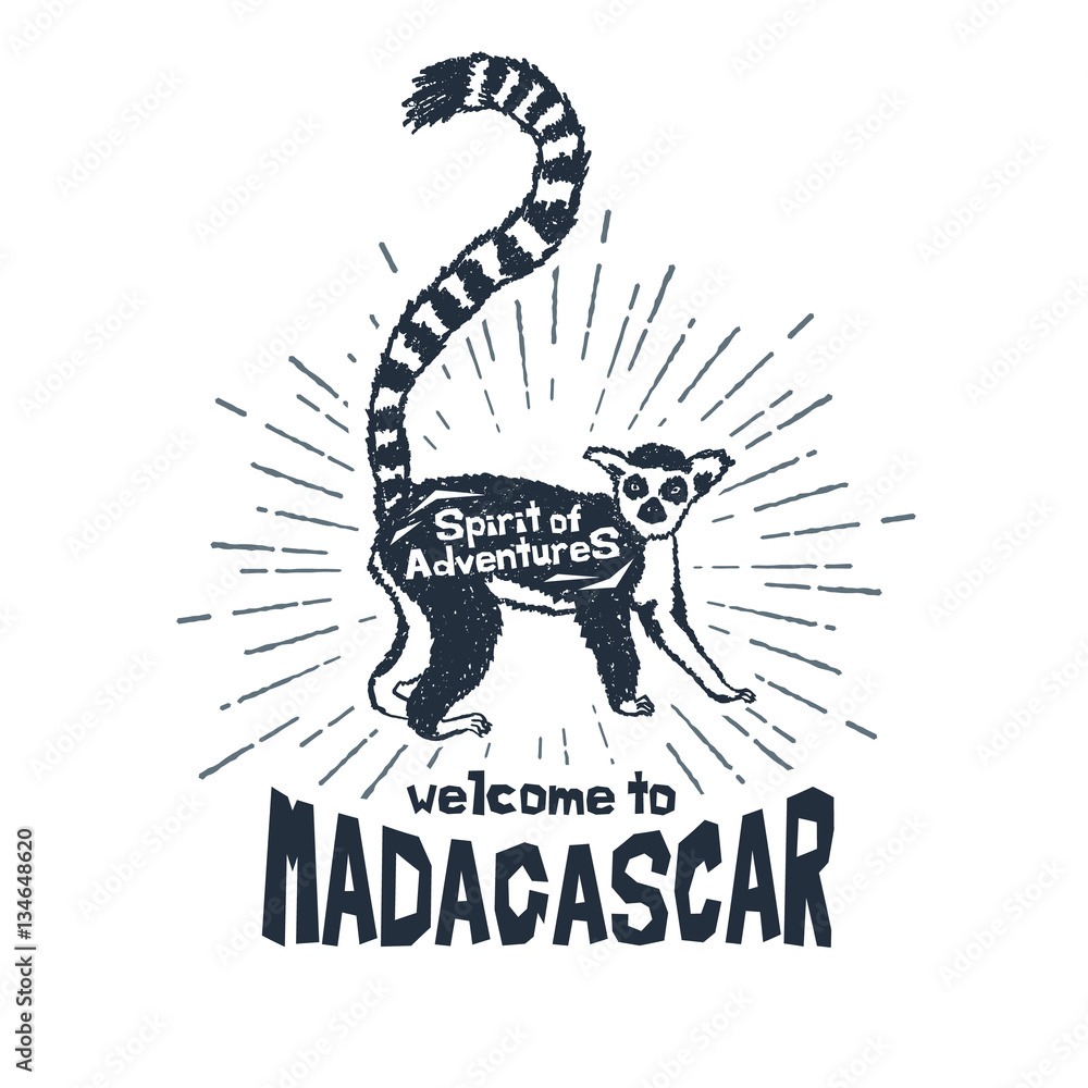 Hand drawn label with textured lemur vector illustration and "Welcome ...