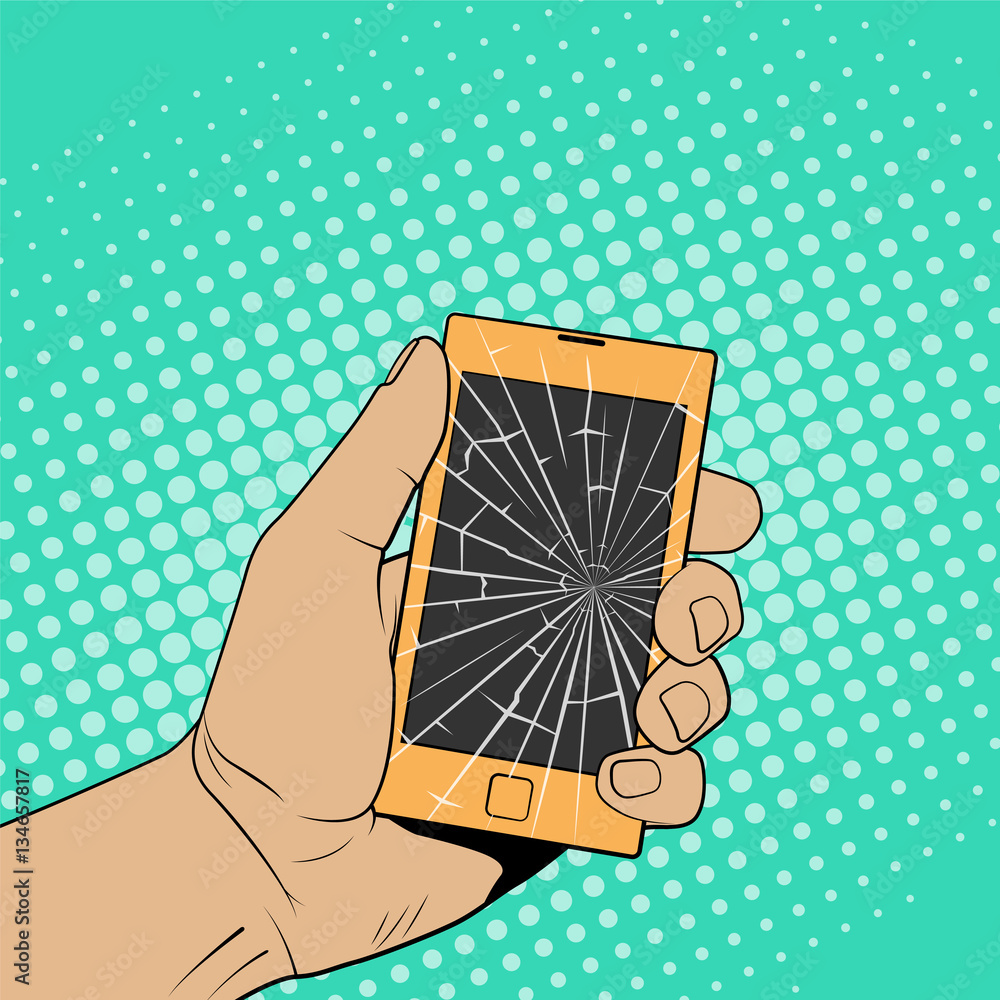 Smartphone with broken screen in hand. Illustration in pop-art s Stock ...