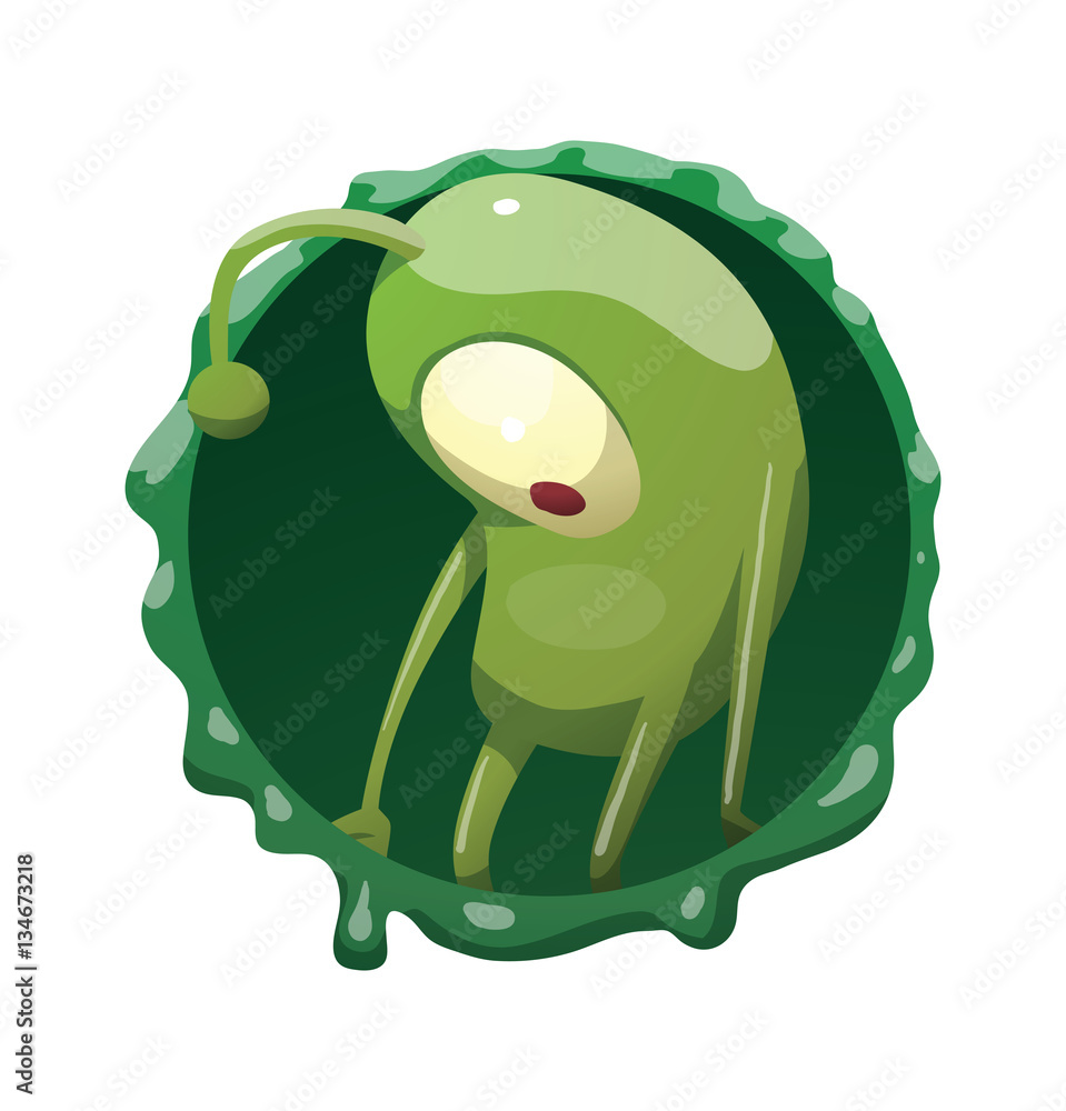 Vector round dark green frame with mucus and with cartoon image of ...