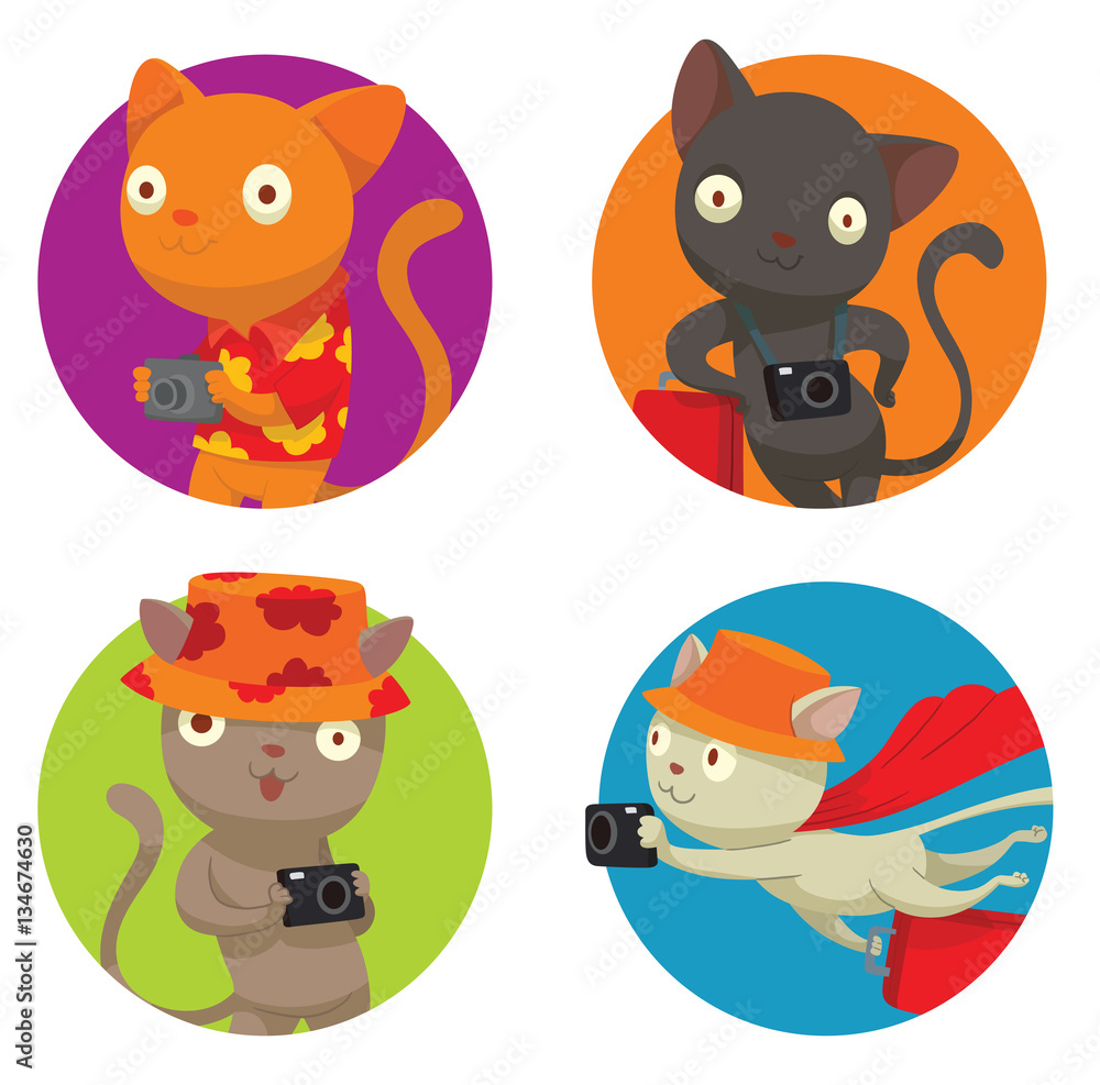 Vector set of round frames with cartoon images of cute cats tourists in ...