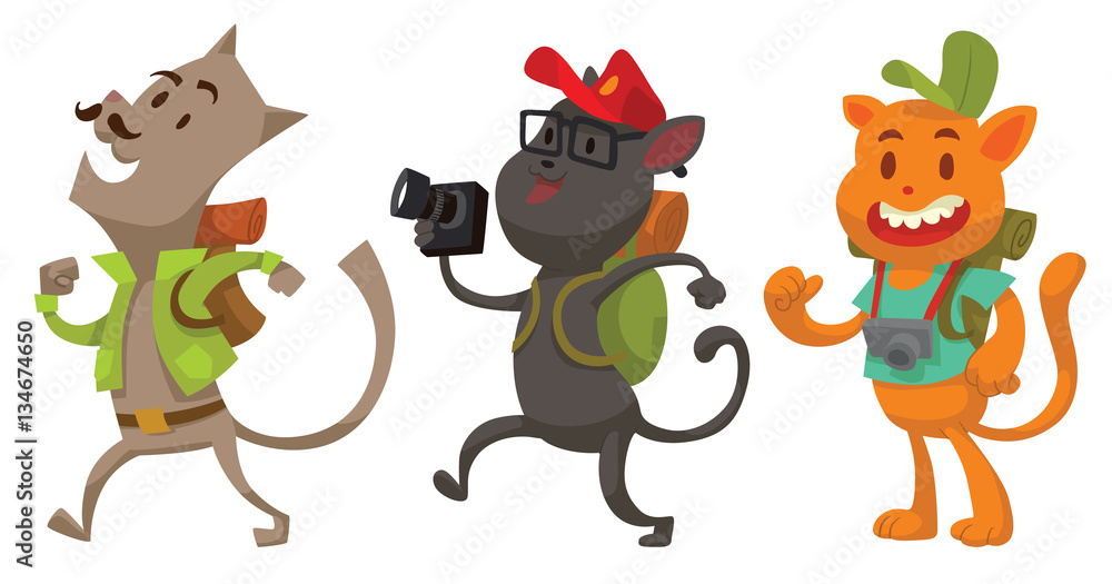 Vector set of cartoon images of funny cats tourists in various clothes ...