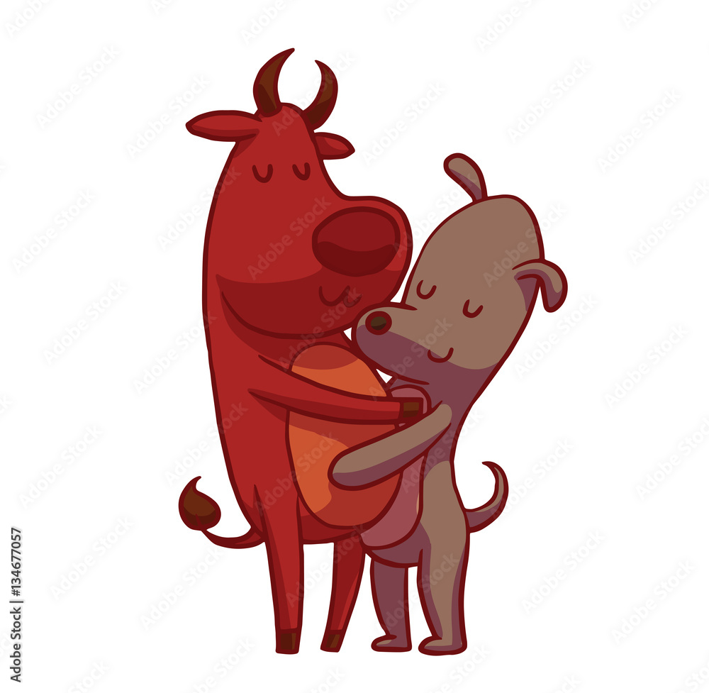 Two Cartoon Animals Hugging