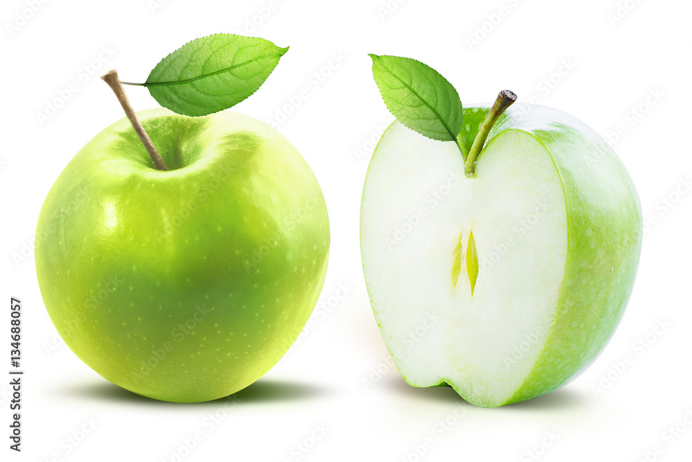 Green apple with leaf and half of green apple isolated on white ...