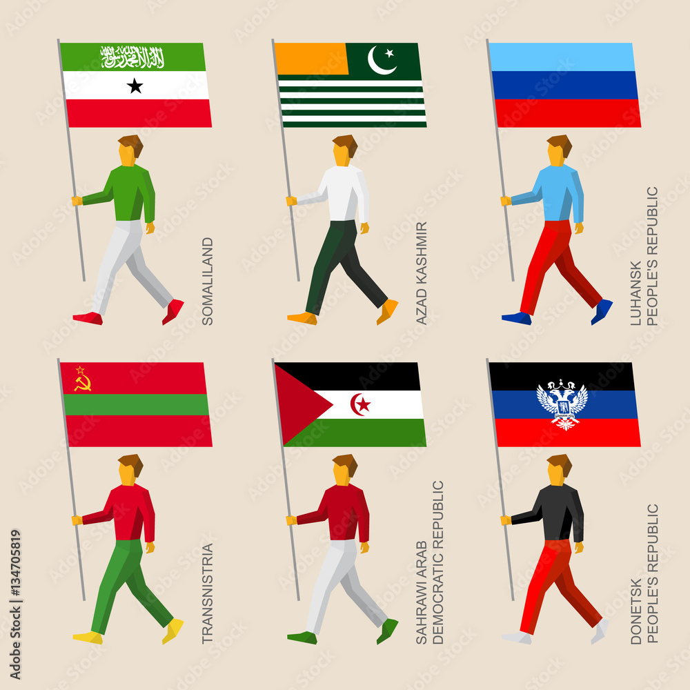 Set of simple flat people with flags of disputed territories and ...